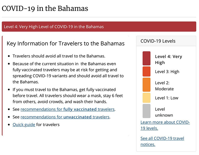 CDC lists Bahamas COVID state as “very high” and advises guests to stay ...