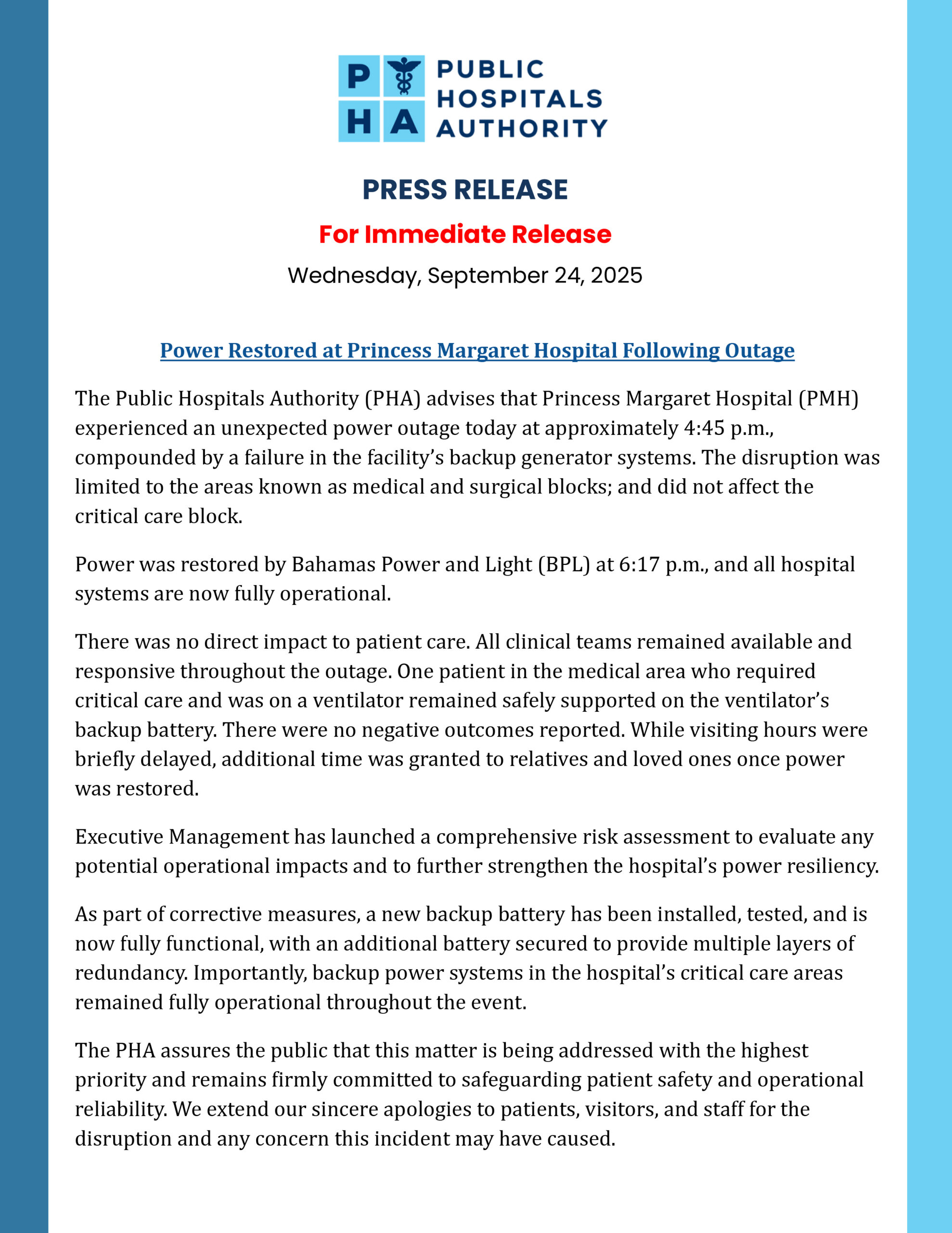 Power Restored at Princess Margaret Hospital Following Outage ...